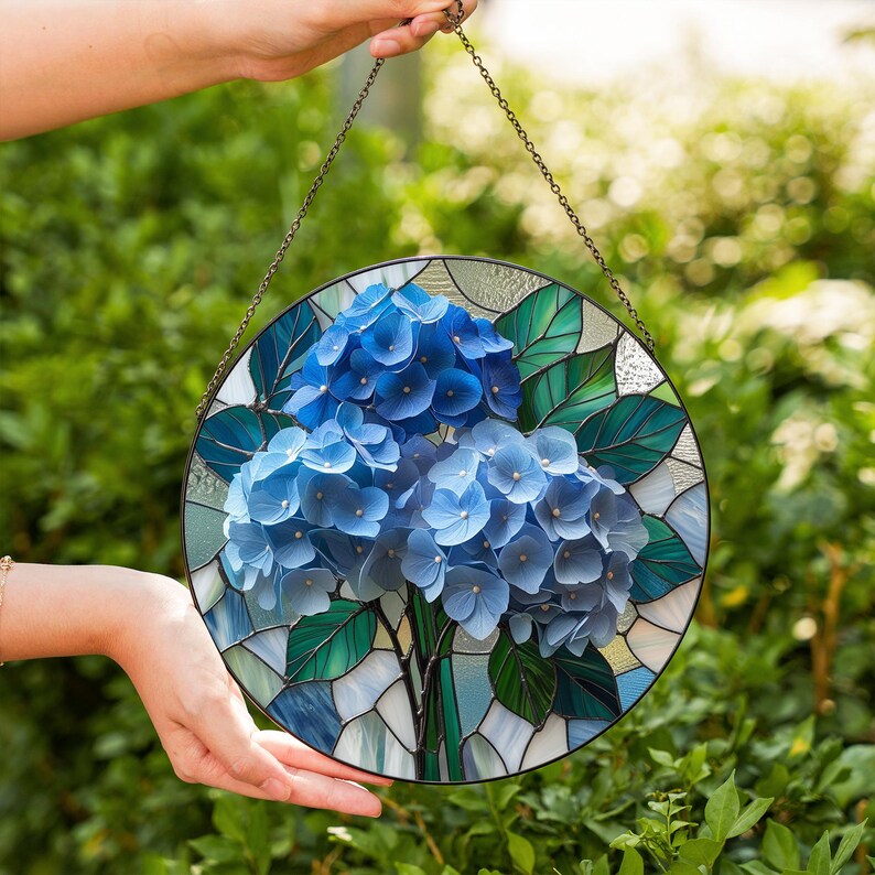 Hydrangeas Stained Glass Suncatcher | Blue Floral Window Hanging ...