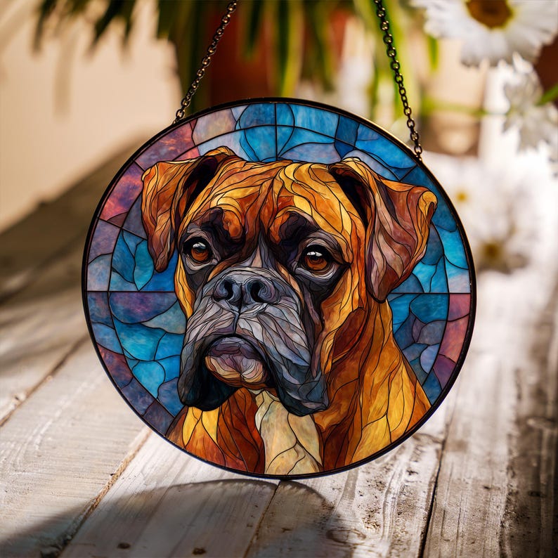 Boxer Dog Stained Glass Window Suncatcher – Playful Canine Art Panel ...
