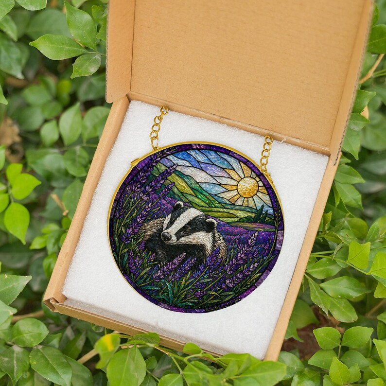 Badger Lavender Stained Glass Window Suncatcher, Wildlife Floral ...