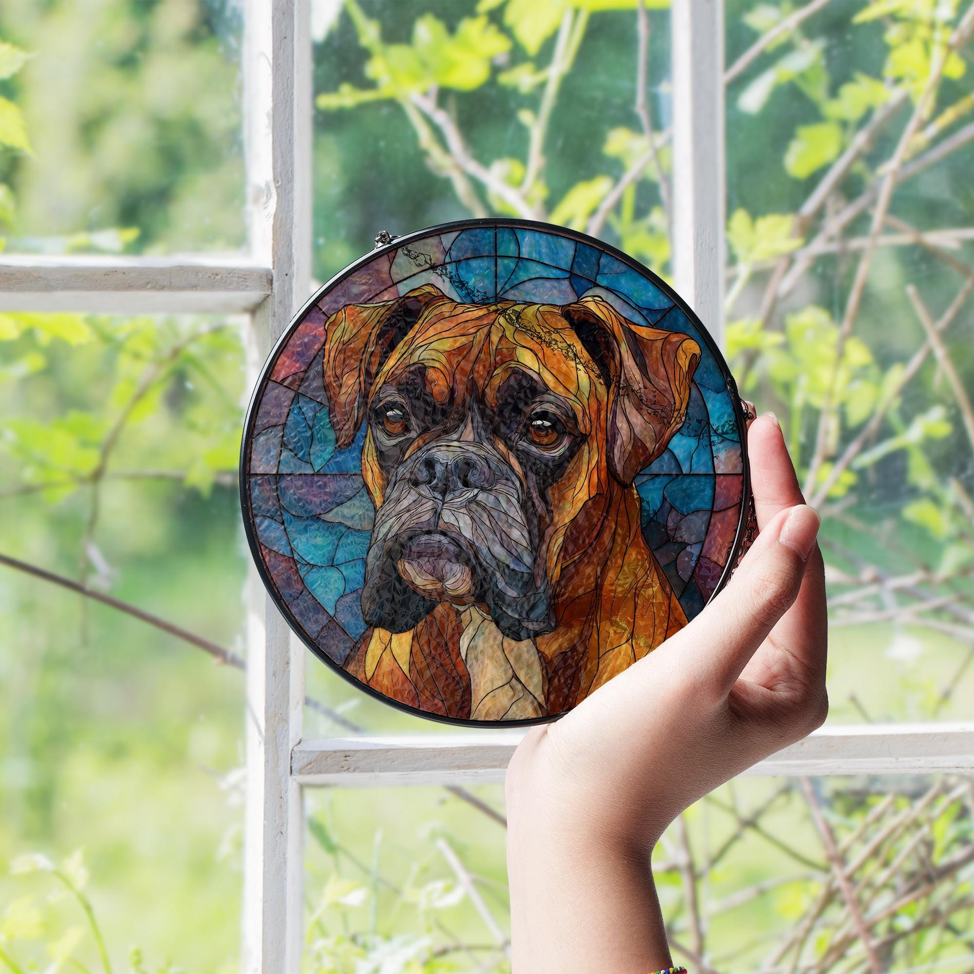 Boxer Dog Stained Glass Window Suncatcher – Playful Canine Art Panel ...