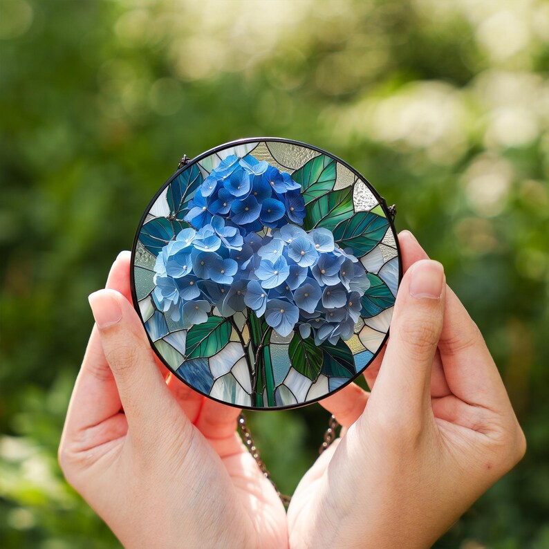 Hydrangeas Stained Glass Suncatcher | Blue Floral Window Hanging ...