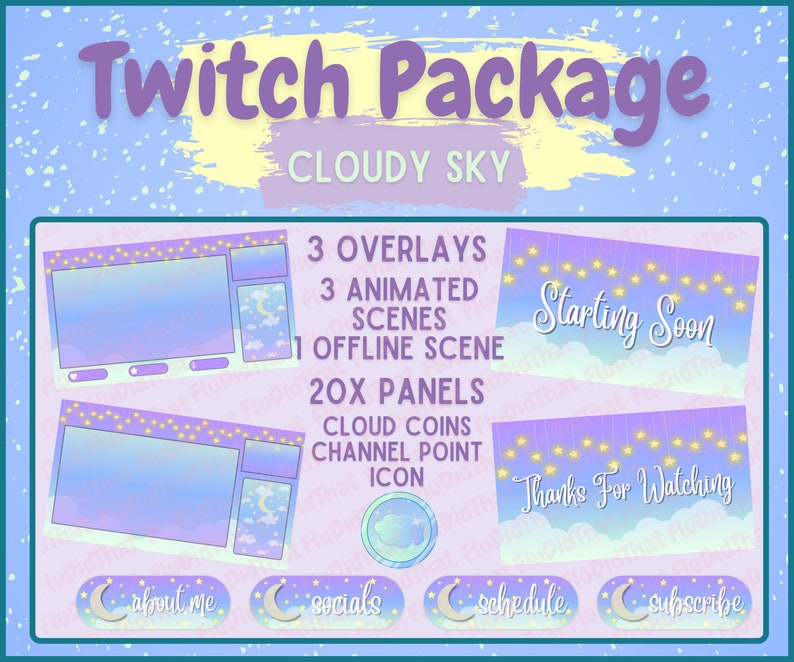 Cloudy Sky Twitch Package 3x Animated Scenes 20x Cozy Panels Channel Point Icon Chill Overlays ...