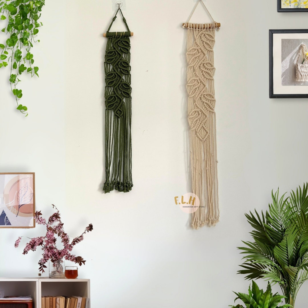 Minimal Macrame Wall Hanging, Long Yarn Leaf Macrame, Boho Vertical Narrow Art, Living Room Art ...