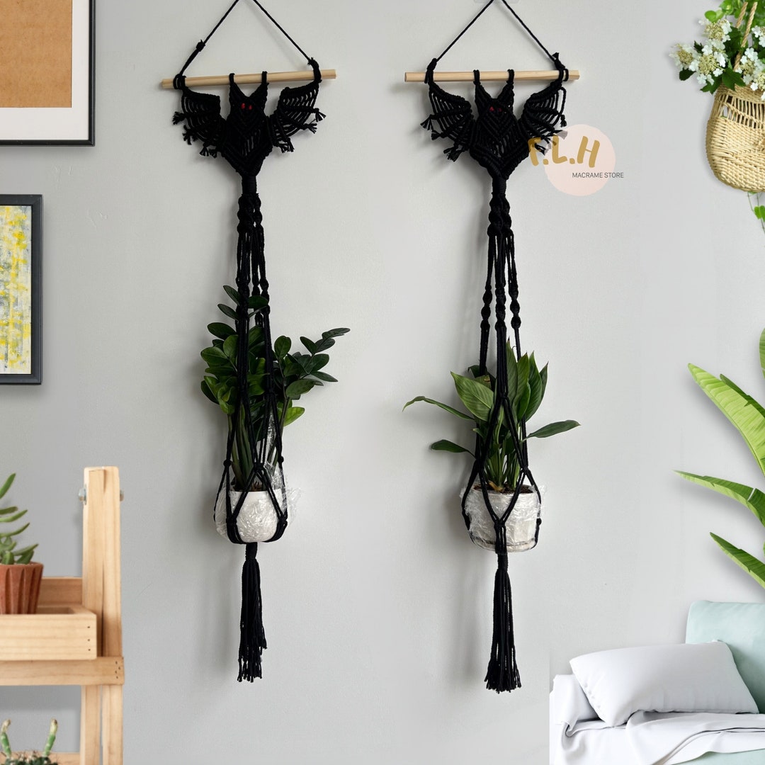 Macrame Gothic Bat Decor, Hanging Plant Holder, Modern Halloween, Dark ...