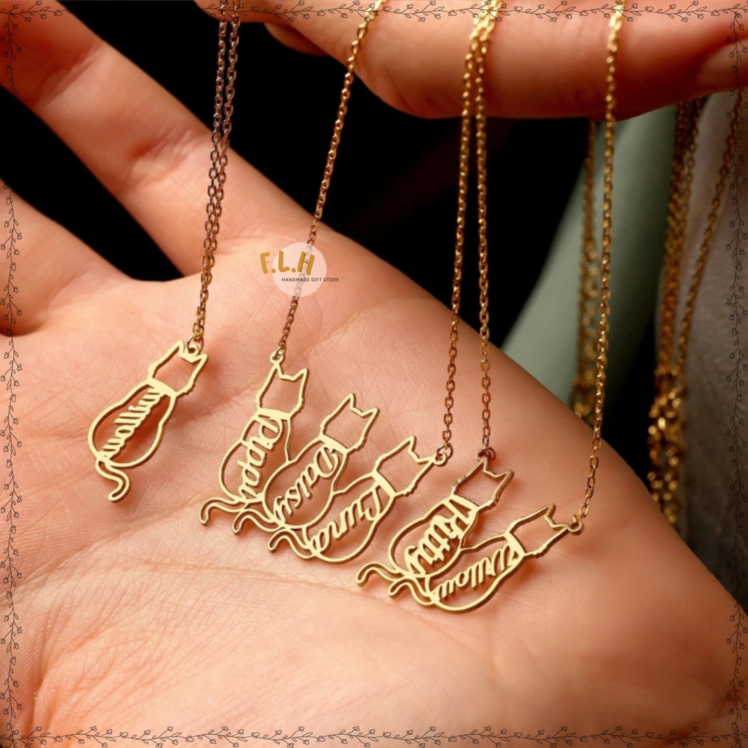 Custom Cat Name Necklace, Personalized Cat Name Pendant, Cat Silhouette ...