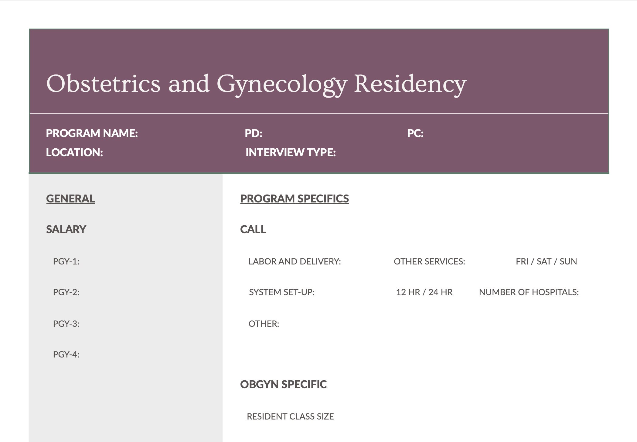 OBGYN Residency Interview Notes Template - Twenty Interviews With Cover ...