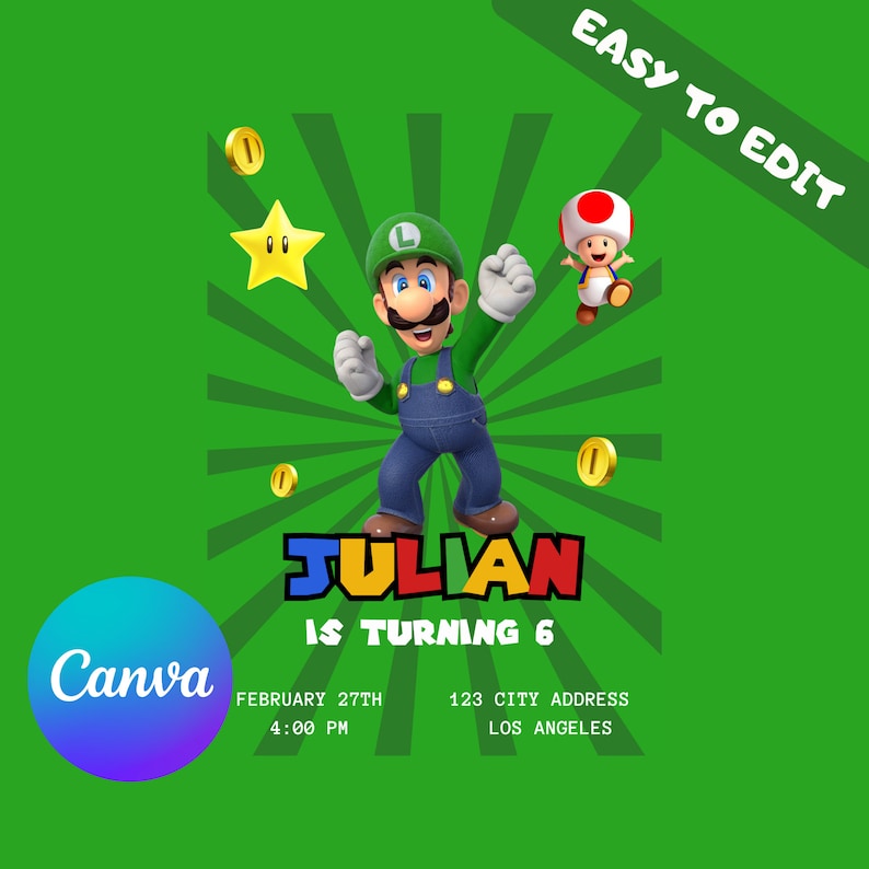 Luigi Birthday Invitation | Super Mario Bros Invitation | Super Mario ...