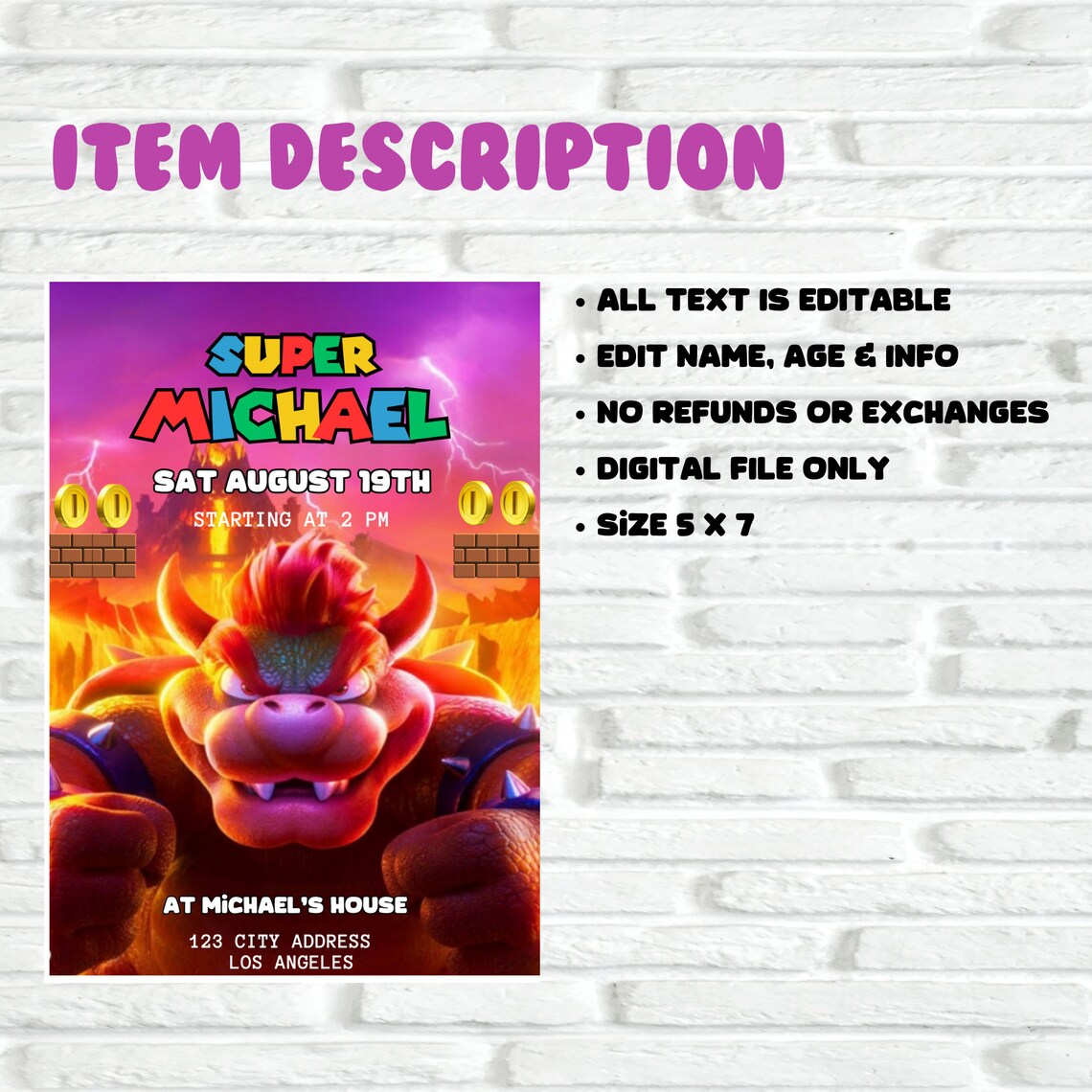 Bowser Birthday Invitation | Super Mario Birthday Invitation | Editable ...