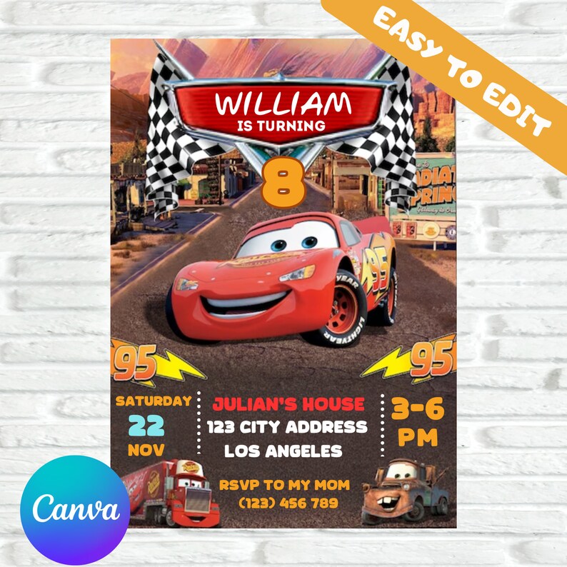Cars Birthday Party Invitation, Cars Lightning Birthday Invite, Mcqueen ...