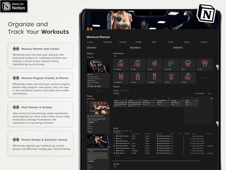 Notion Workout Planner Template | Fitness Tracker, Meal Planner, Gym Routine, Health Journal ...