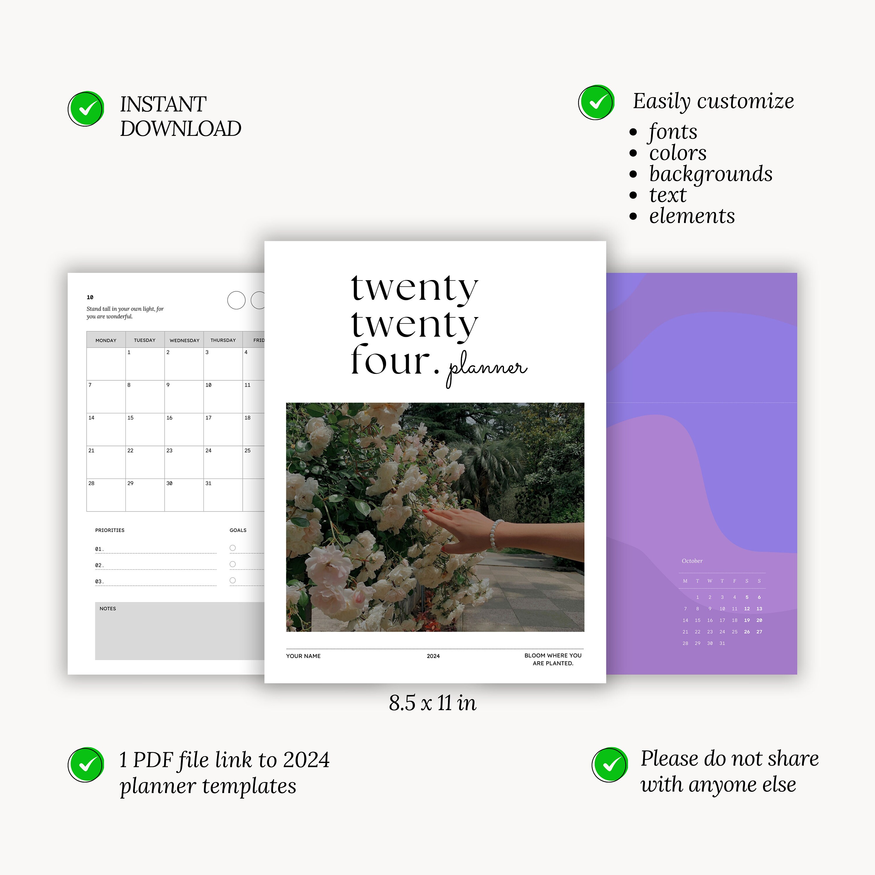 2024 Printable Planner, 2024 Monthly Planner, Minimal Monthly Calendar ...
