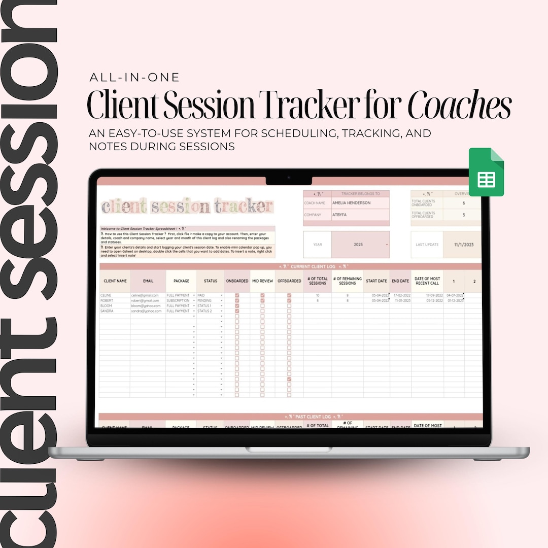 Client Session Tracker Spreadsheet for Coaches, CRM, Client Management ...