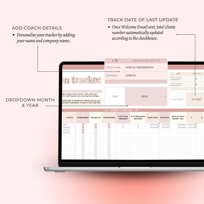 Client Session Tracker Spreadsheet for Coaches, CRM, Client Management ...