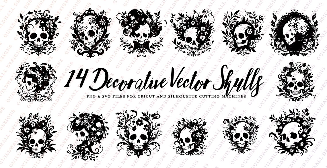 14 Decorative Vector Skulls, PNG and SVG Files, Halloween Skulls With ...