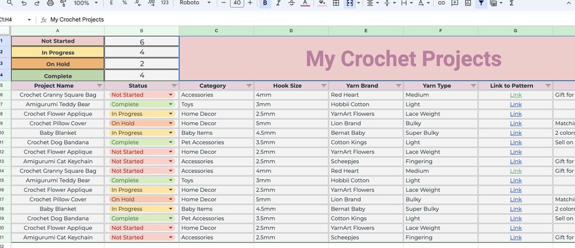 Crochet Planning Spreadsheet, Crochet Inventory, Project Tracker ...