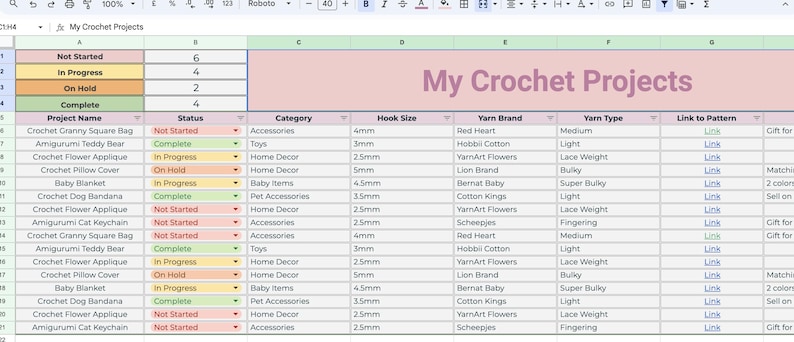 Crochet Planning Spreadsheet, Crochet Inventory, Project Tracker ...