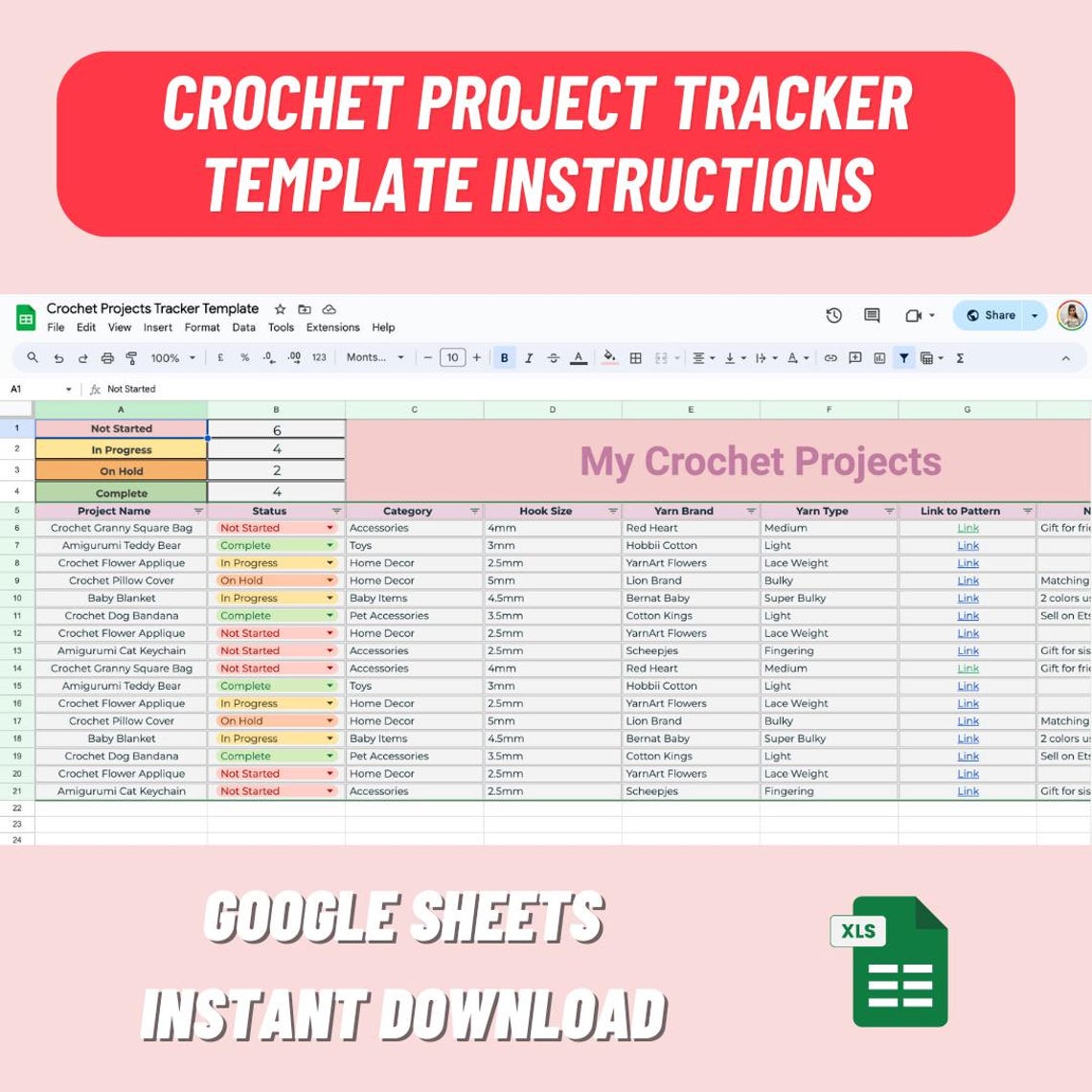 Crochet Planning Spreadsheet, Crochet Inventory, Project Tracker ...