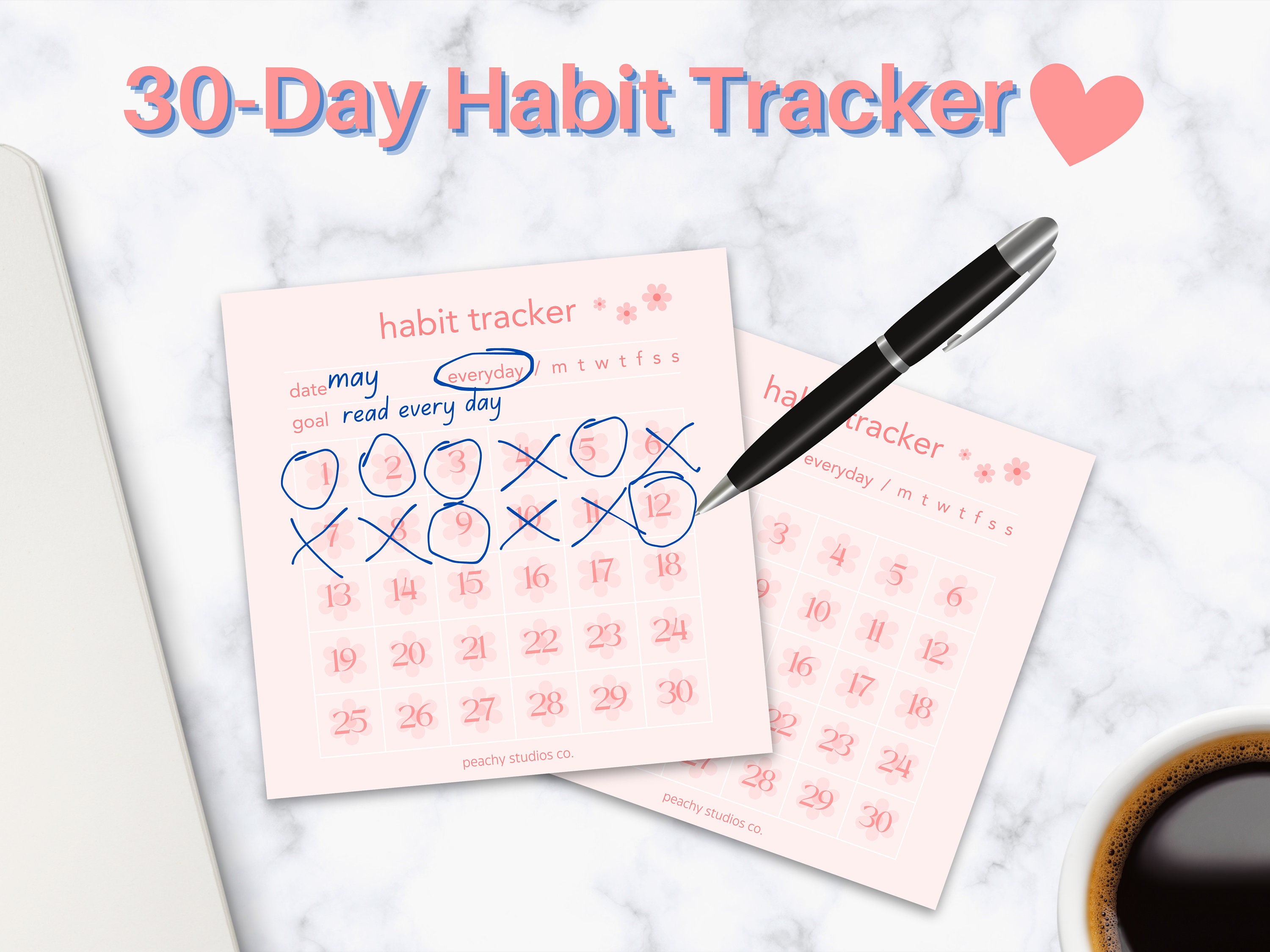 Pink Flower Themed 30-day Habit Tracker, Monthly and Daily, Square, A5 ...