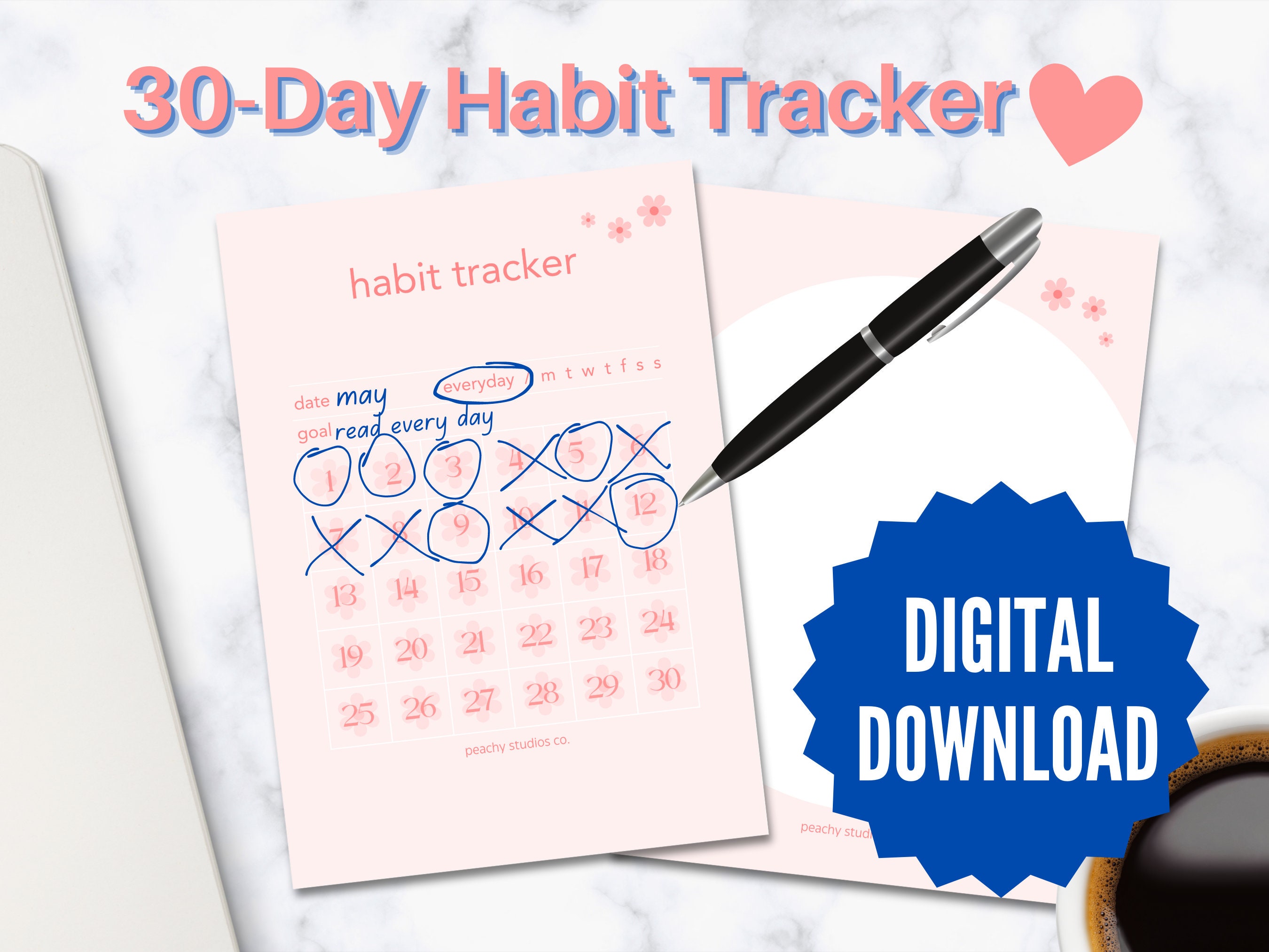 Pink Flower Themed 30-day Habit Tracker, Monthly and Daily, Square, A5 ...