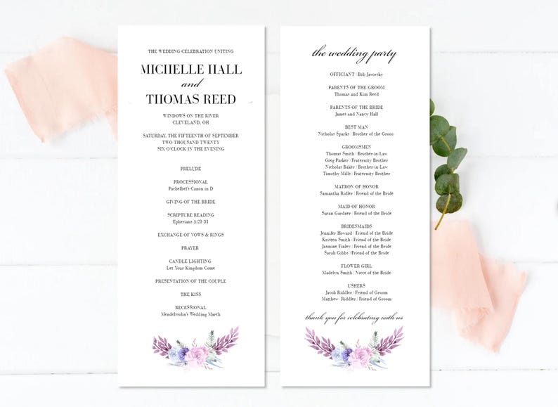 Ceremony Card Template, Front and Back, Watercolor Bouquet, Instant ...
