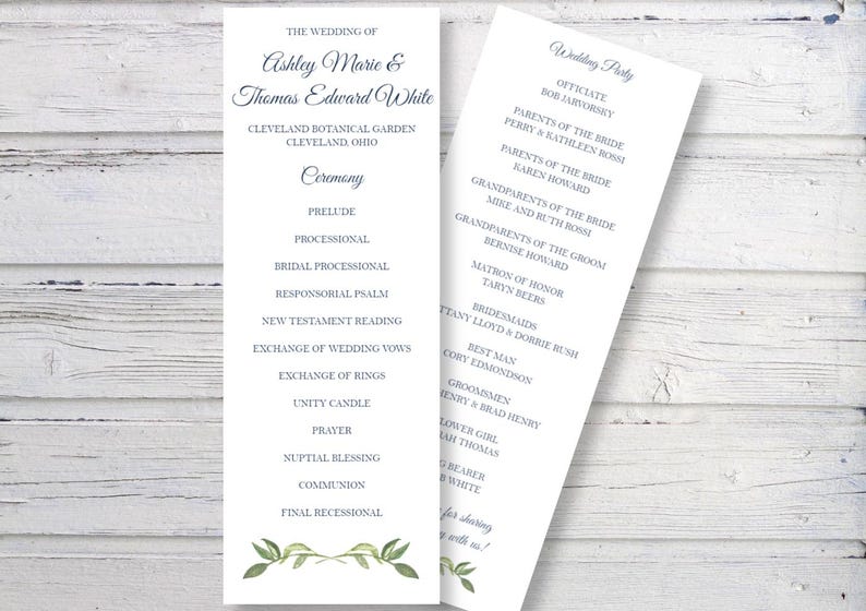 Ceremony Card Template, Front and Back, Monogram Leaves, Instant ...