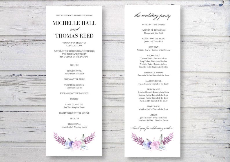 Ceremony Card Template, Front and Back, Watercolor Bouquet, Instant ...