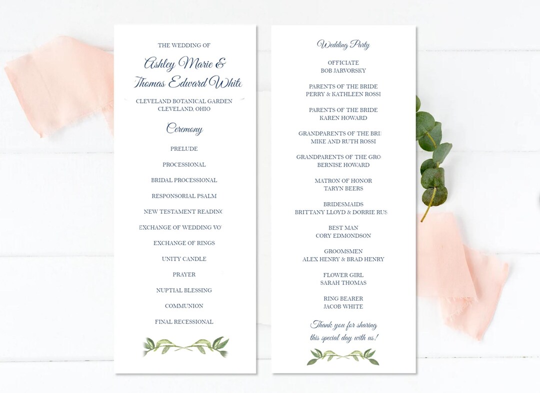 Ceremony Card Template, Front and Back, Monogram Leaves, Instant ...