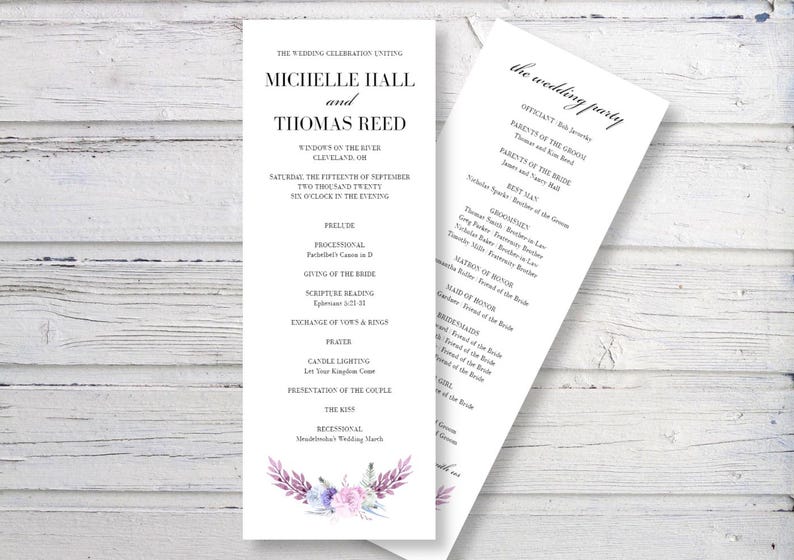 Ceremony Card Template, Front and Back, Watercolor Bouquet, Instant ...