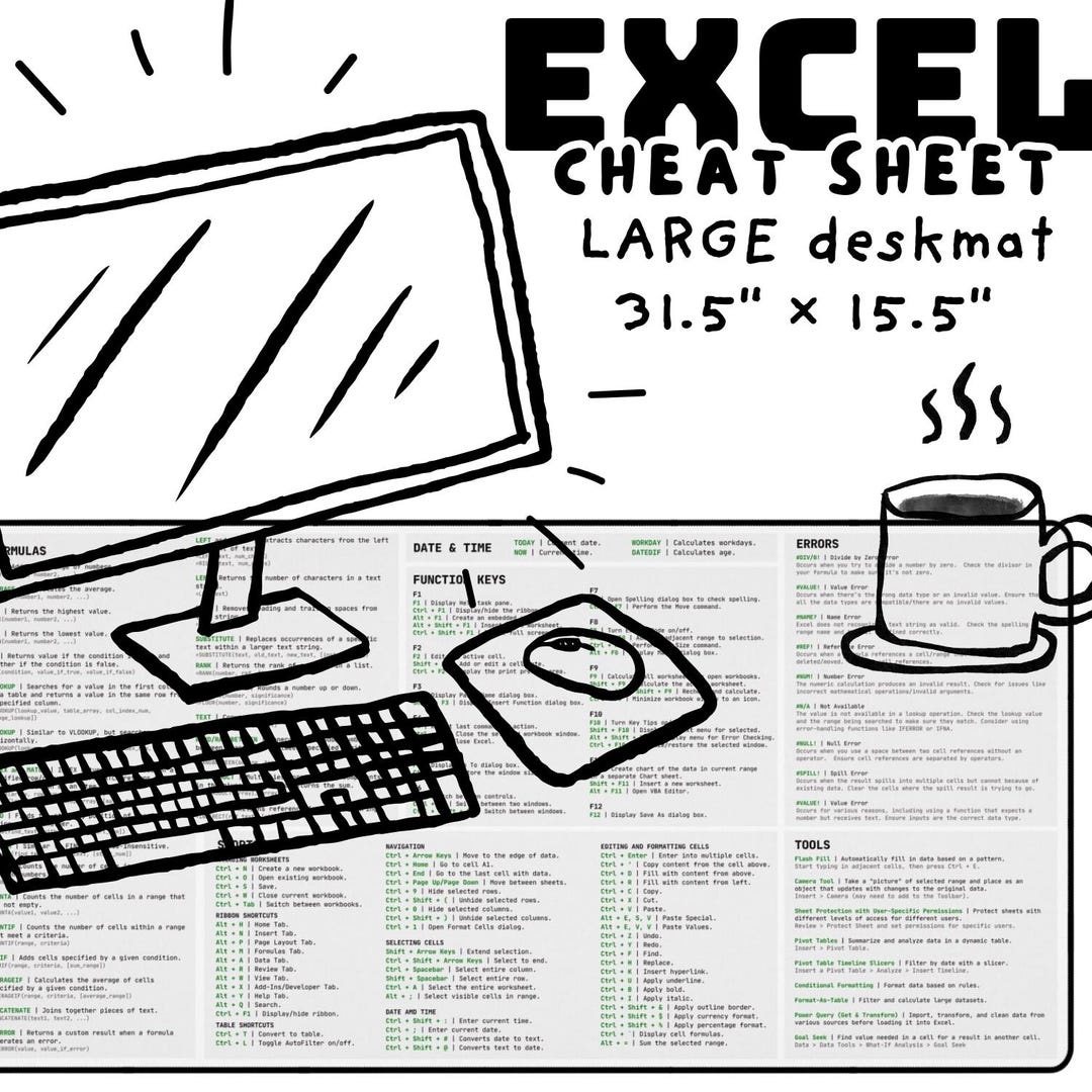 Excel Shortcut Desk Mat || Excel Super Shortcuts Mouse Pad, Desk Mat ...