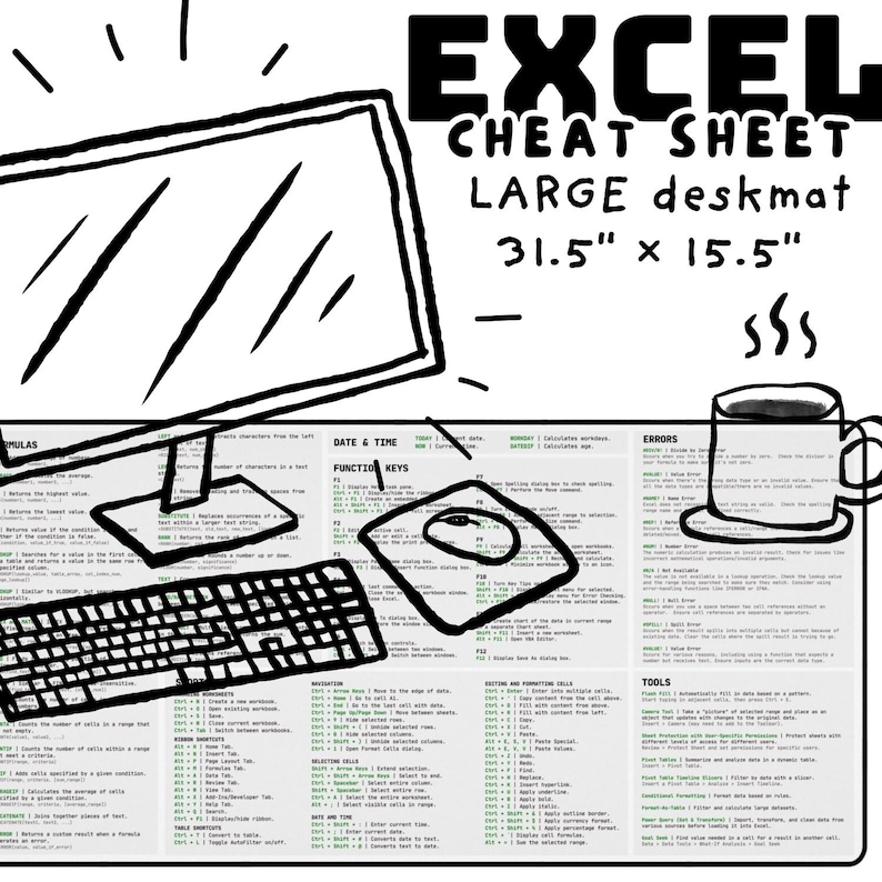 Excel Shortcut Desk Mat || Excel Super Shortcuts Mouse Pad, Desk Mat ...