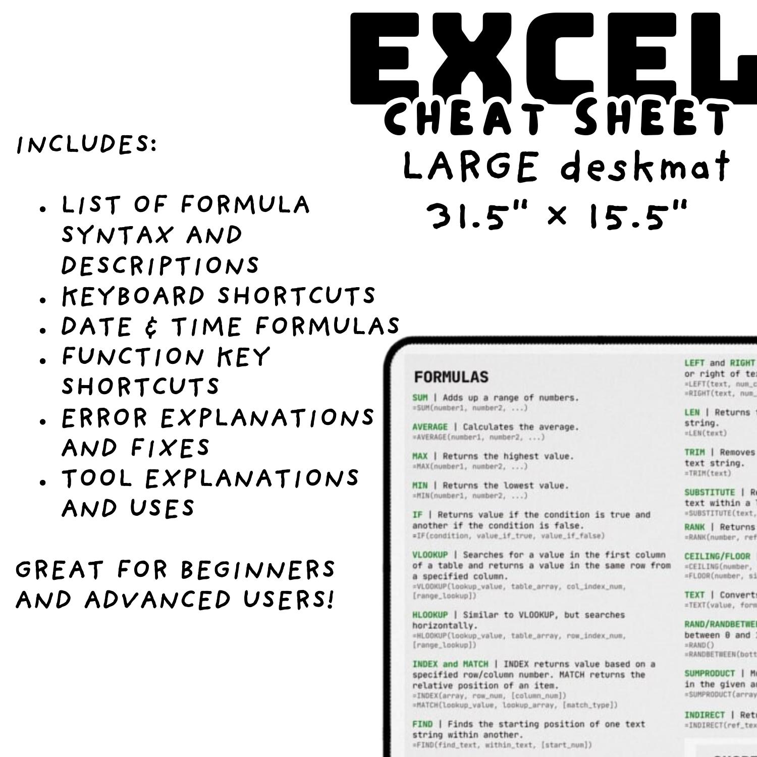 Excel Shortcut Desk Mat || Excel Super Shortcuts Mouse Pad, Desk Mat ...