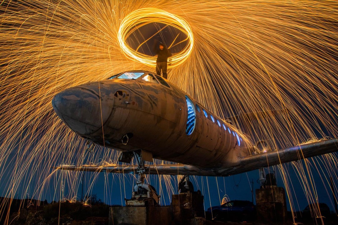 The Plane is on Fire. Fire Show on an Old Plane. Beautiful Airplane ...