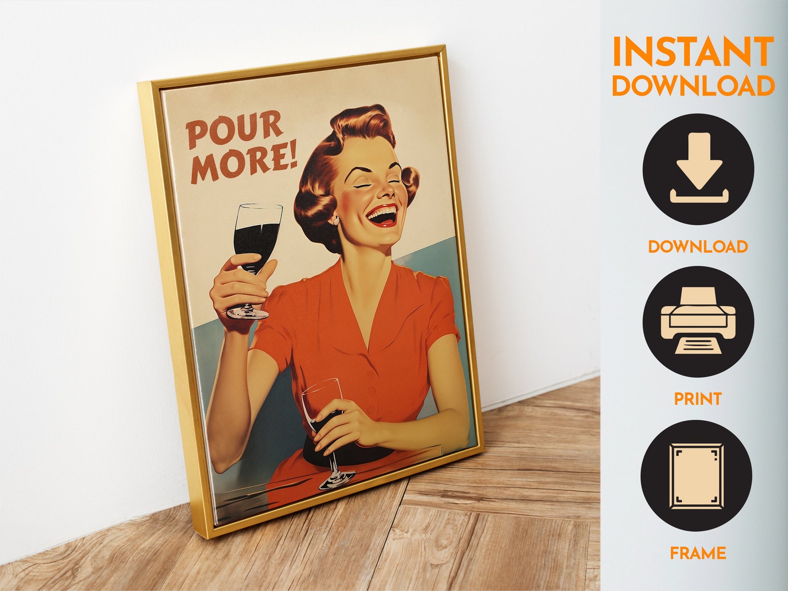 Retro Kitchen Wall Art Printable 50s Bar Poster More Wine Please Print ...