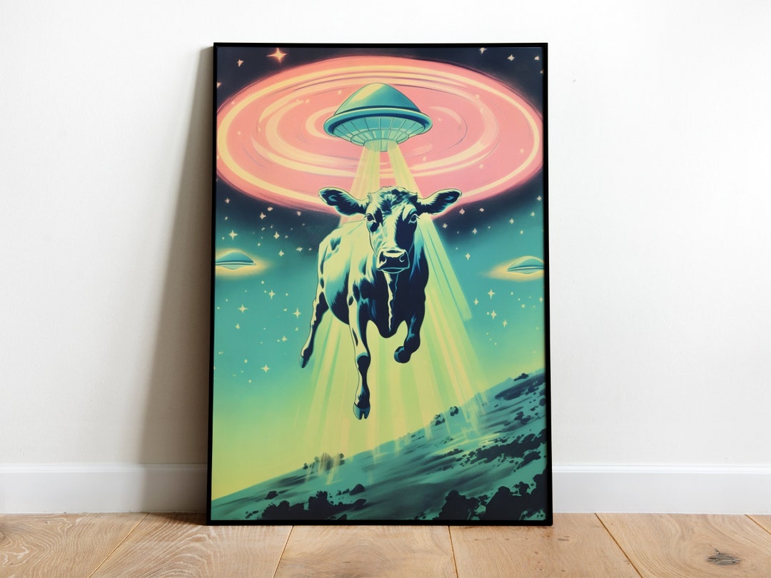 Funny Retro UFO Poster UFO Abduction Art Funny Cow Print Alien Art ...