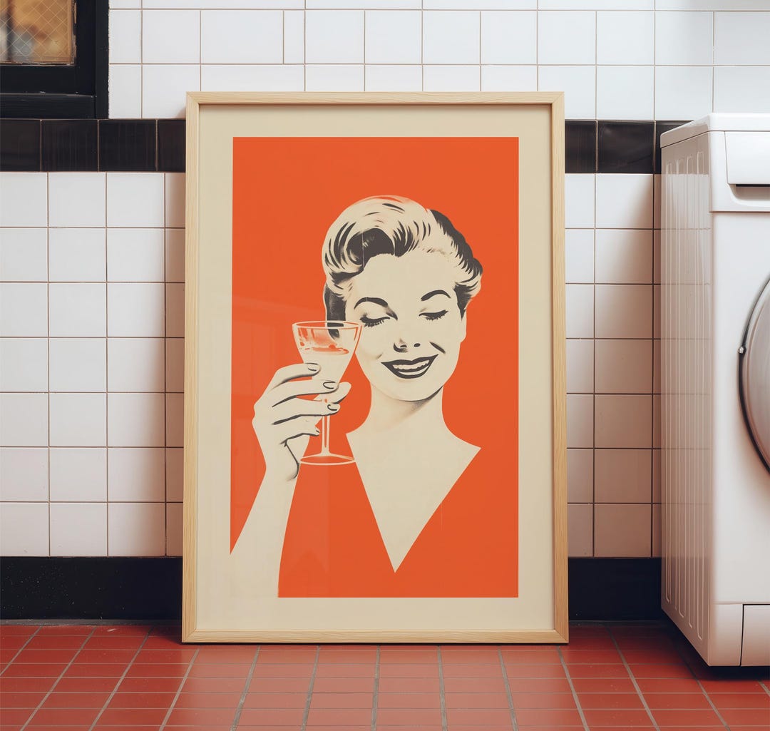 Retro Champagne Art Cocktail Bar Print Midcentury Modern Housewife Cin ...