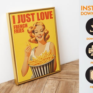 I Love French Fries Poster Funny Kitchen Wall Art Fast Food Print ...