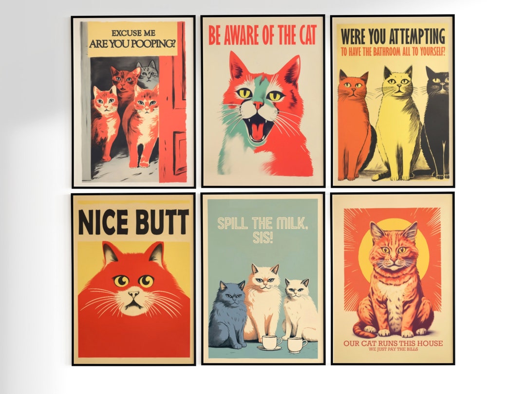 Retro Cat Poster Set of 6 Eclectic Wall Art Vintage Cat Print Funny Animal Art Print Funny Print ...