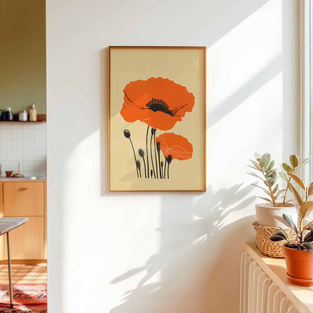 Poppy Wall Art Mid Mod Home Hallway Decor Botanical Poster (digital ...