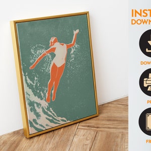 Swimming Wall Art Printable Summer Retro Print Diver Swimmer Poster ...