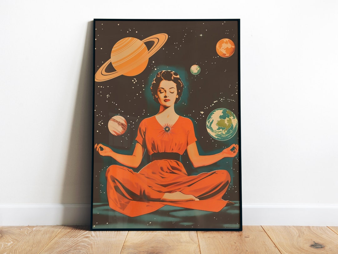 Retro Yoga Girl Art Print Meditation Poster Printable 70s Space Wall ...