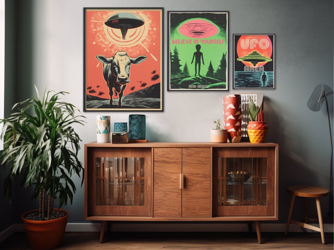 UFO Wall Art Alien Poster Set Maximalist Wall Art Retro Cosmic Art ...