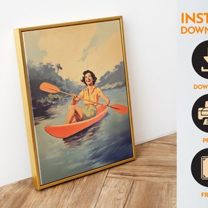 Retro Kayaking Girl Poster Printable Kayak Art Print Rafting Digital ...