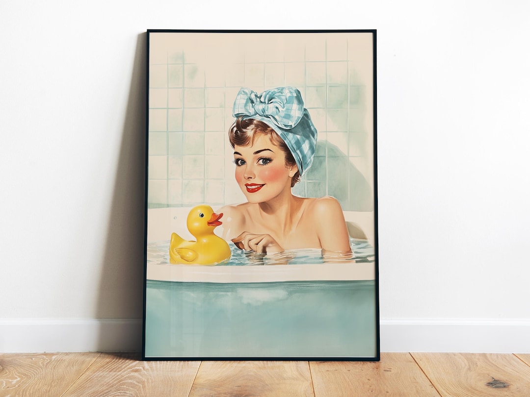 Retro Bathroom Wall Art Printable Bath Time Art Yellow Rubber Duck Art ...