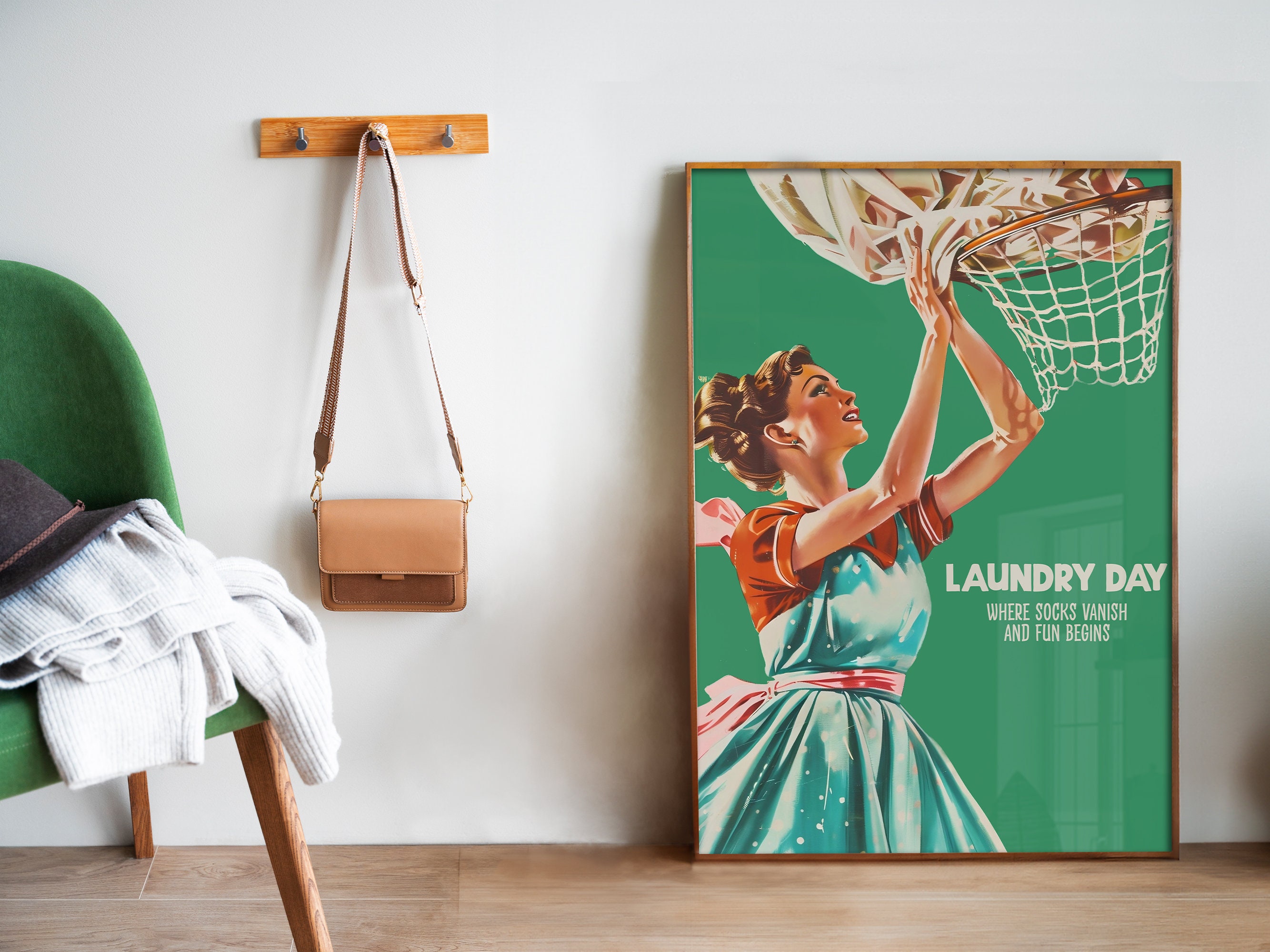 Retro Laundry Day Print Funny Posters Green Utility Room Art Digital ...