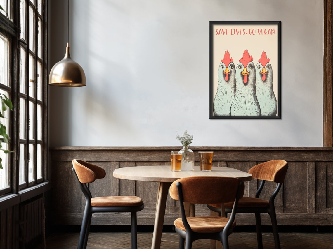 Retro Vegetarian Poster Chicken Art Print Cute Vegan Art Printable Hans ...