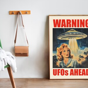 Warning Ufos Ahead Poster Printable Alien Decor Funny Retro Print Ufo ...