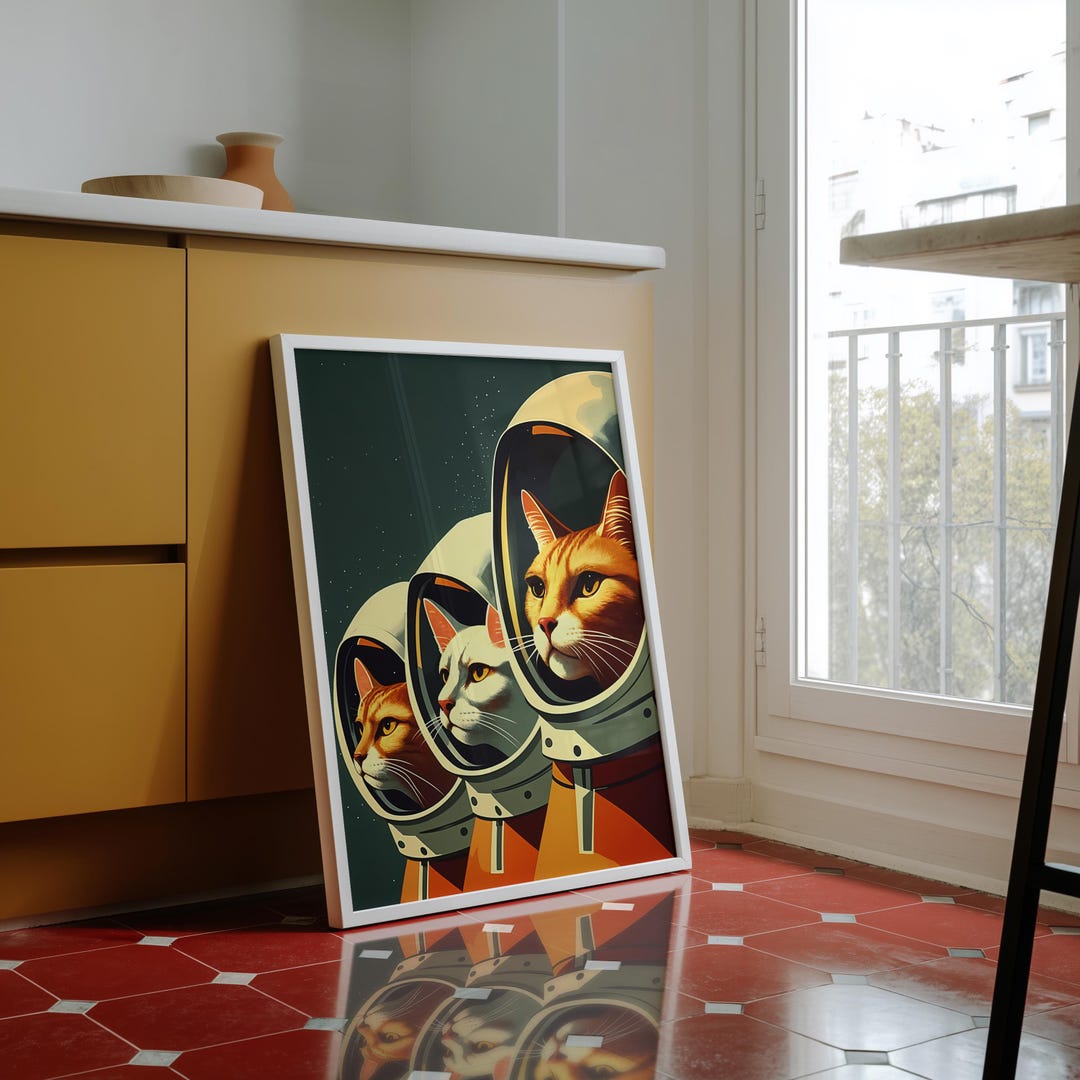 Retro Space Cats Astronaut Wall Art Scifi Poster Vintage Style Cosmic ...