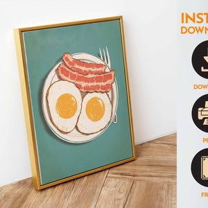 Eggs and Bacon Print Retro Kitchen Wall Art Printable Breakfast Eggs ...