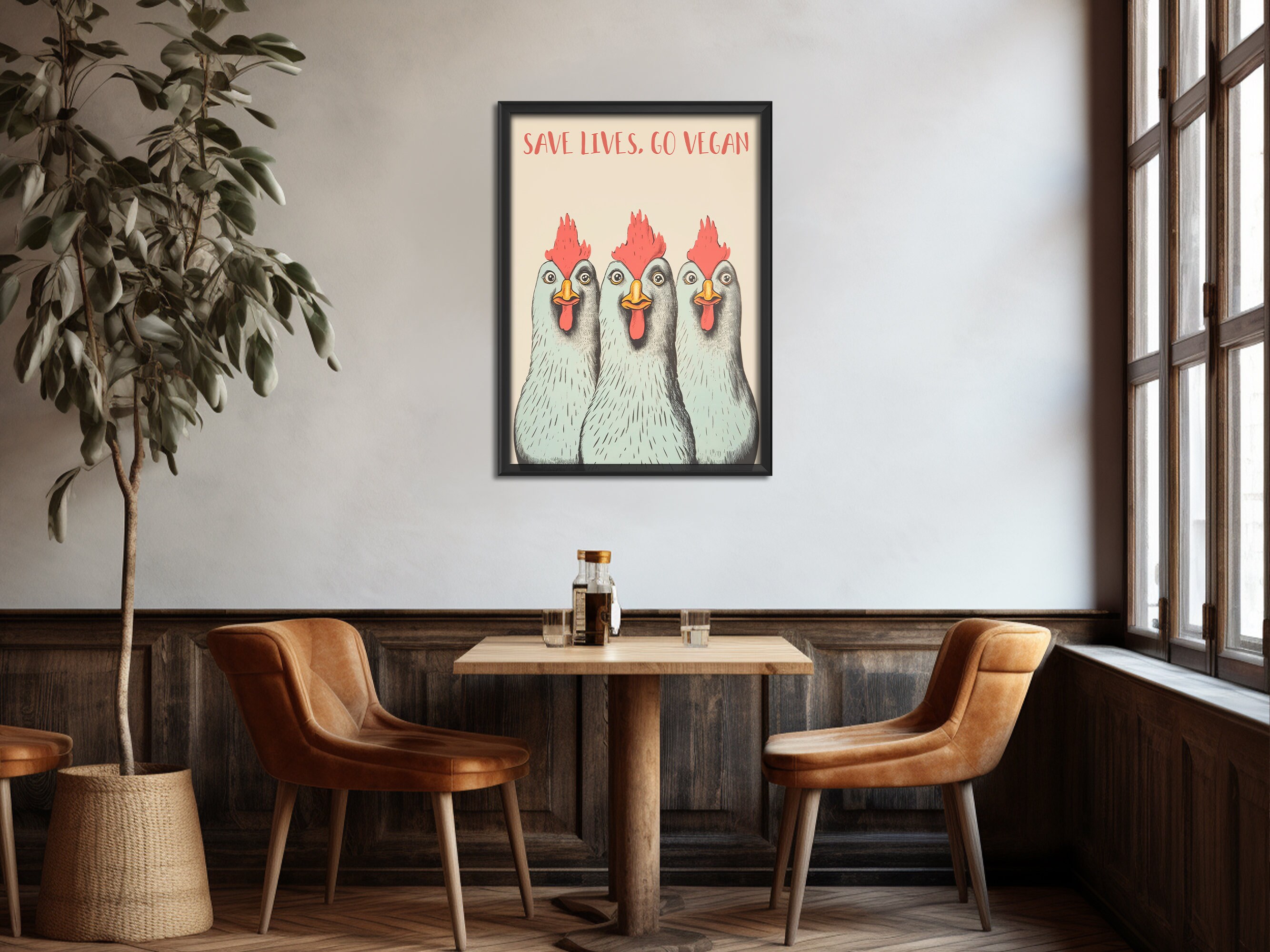Retro Vegetarian Poster Chicken Art Print Cute Vegan Art Printable Hans ...
