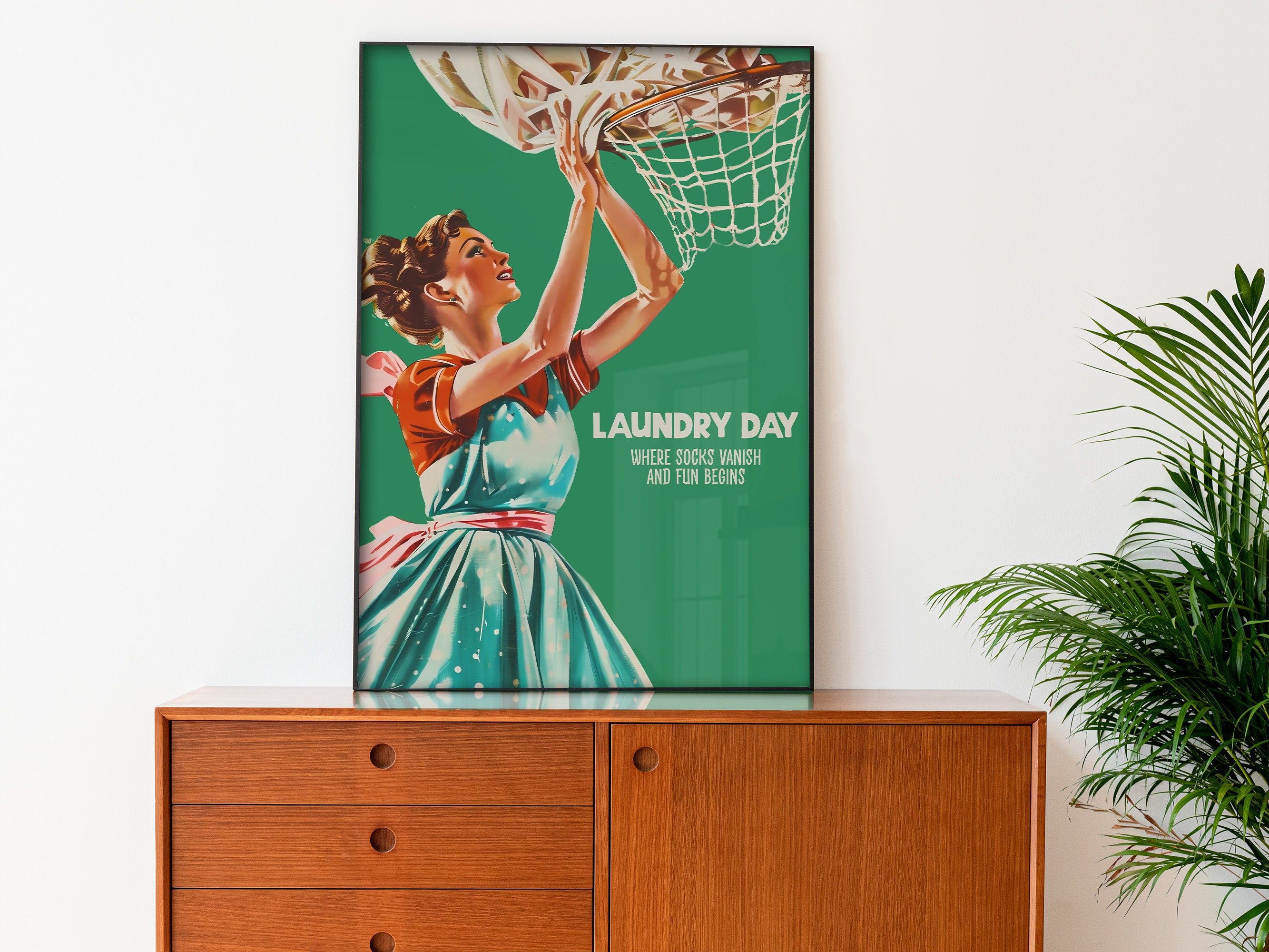 Retro Laundry Day Print Funny Posters Green Utility Room Art Digital ...